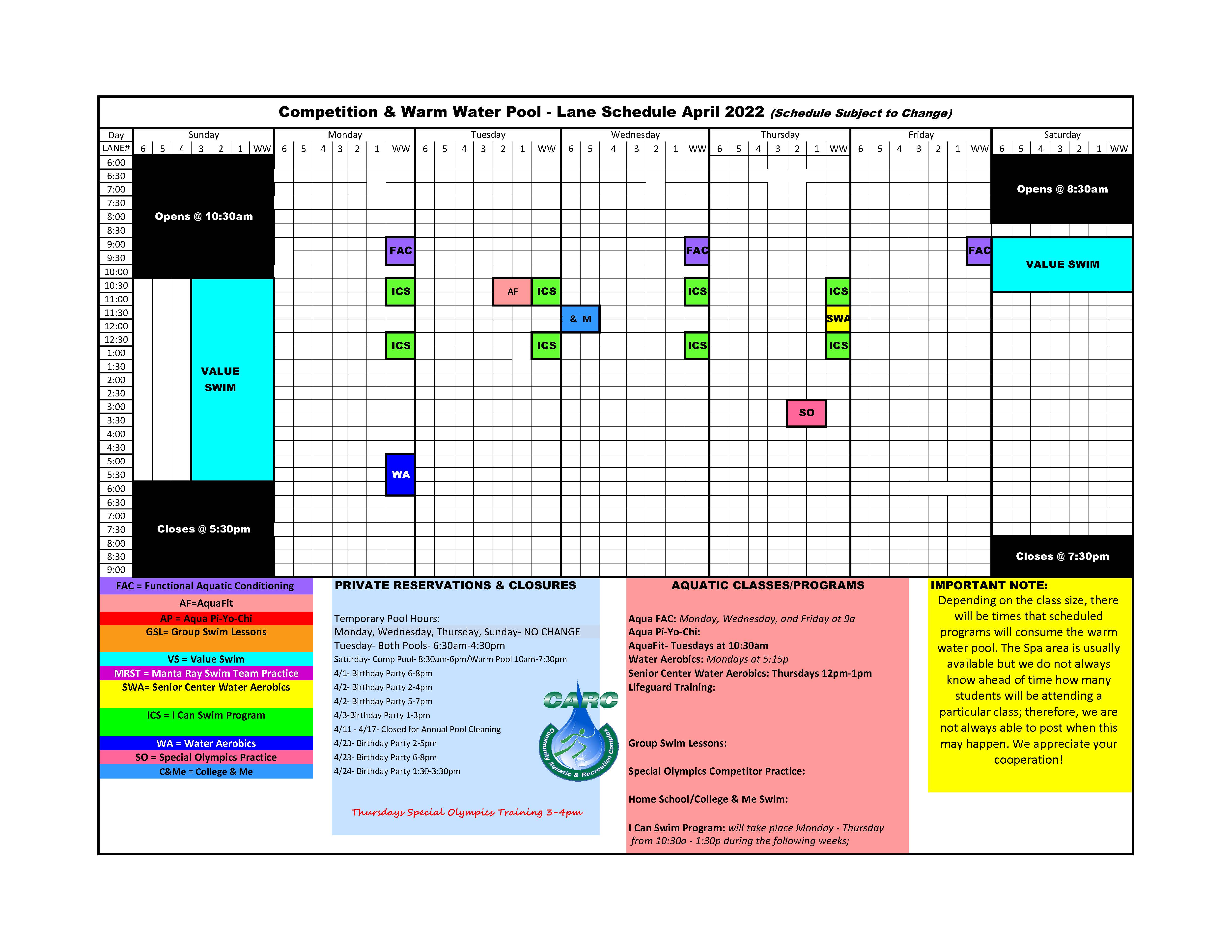 Schedules – Pool – GC CARC