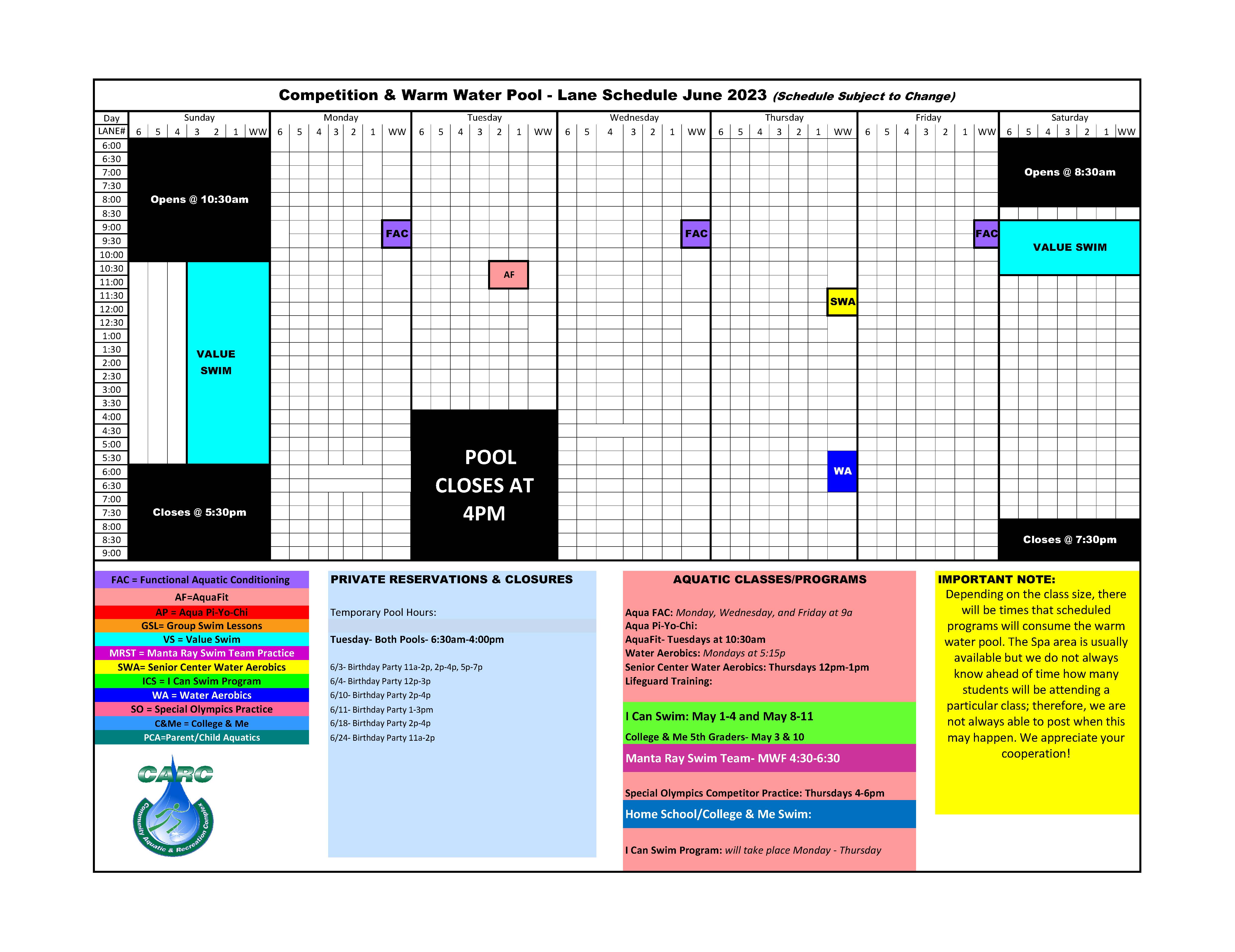Schedules – Pool – GC CARC
